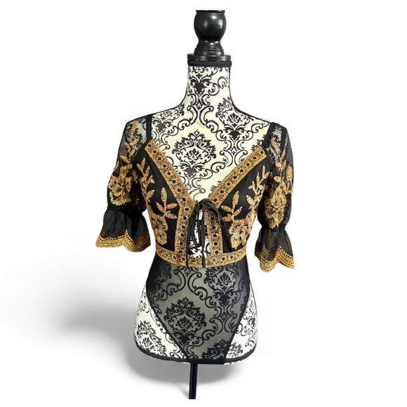 Cloud Ten | Tops | Cloud Ten Black And Gold Embroidered Bodysuit Top ...